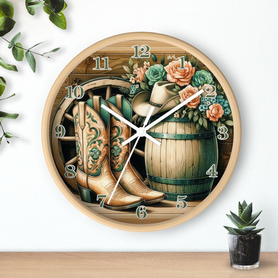 Rustic Cowboy Wall Clock With Floral Design, Vintage Home Decor ...