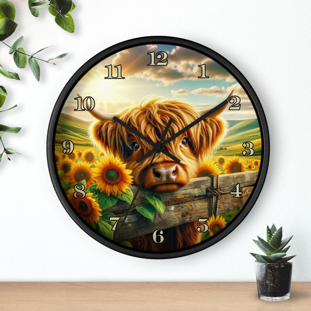 Highland Cow Sunflower Wall Clock, Farmhouse Decor, Rustic Timepiece ...