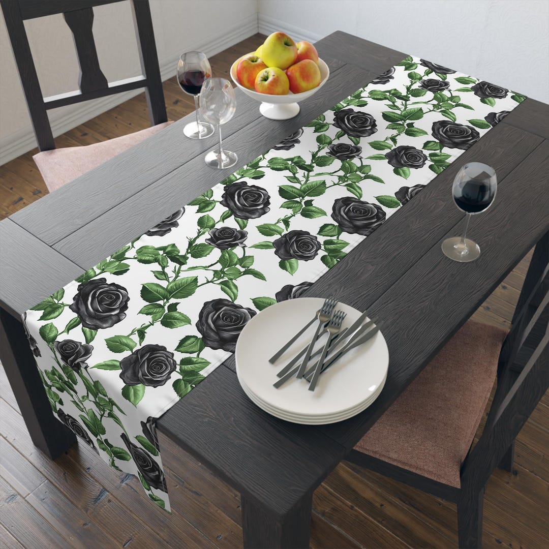 Elegant Black Rose Table Runner - Floral Dining Decor, Rustic Home ...