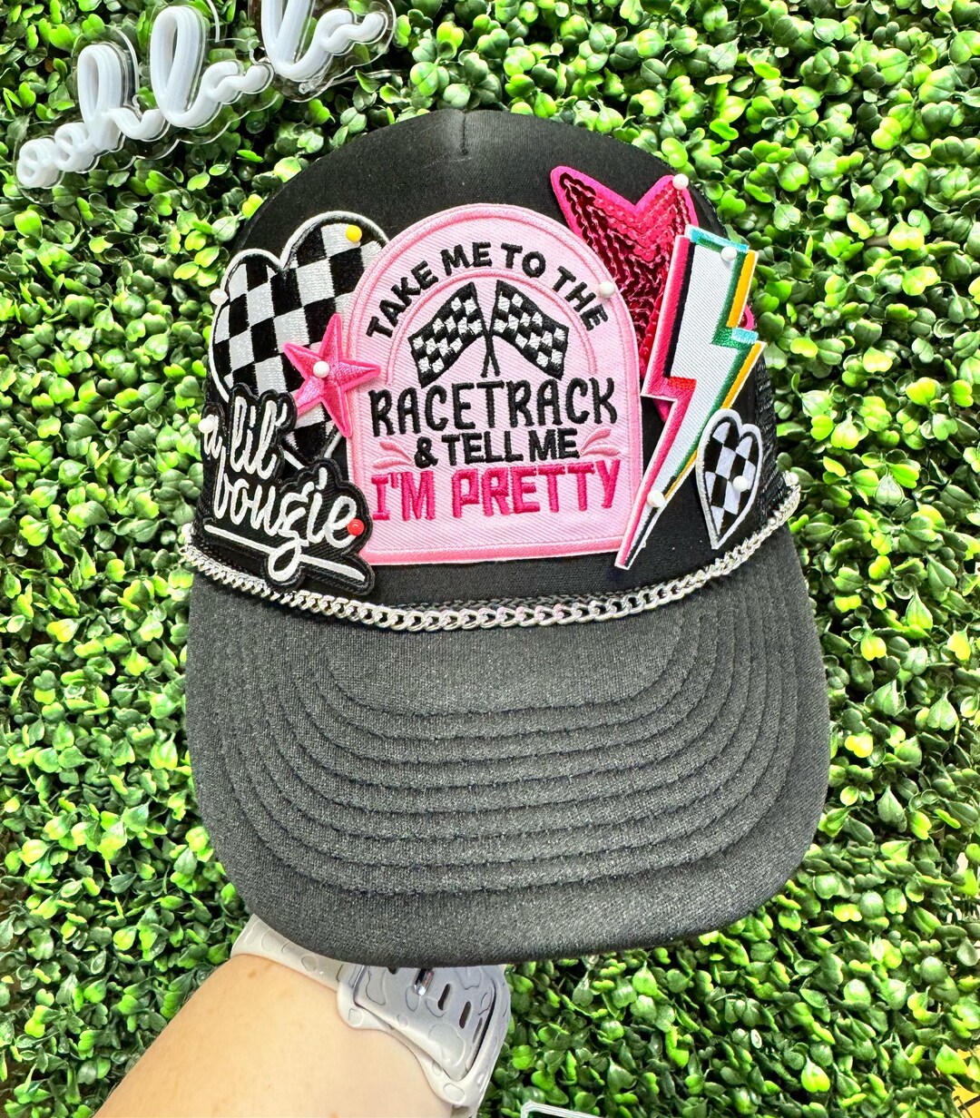 Race Day Trucker Hat for Her, Hat With Patches, Pink and Black ...