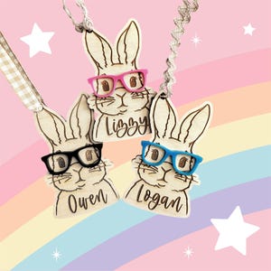 Trendy Rabbit Easter Basket Tag, Cute Bunny With Glasses, Personalized ...