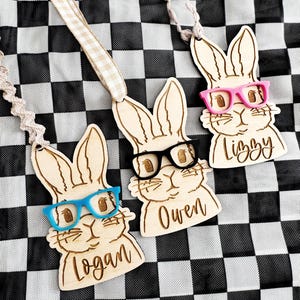 Trendy Rabbit Easter Basket Tag, Cute Bunny With Glasses, Personalized ...