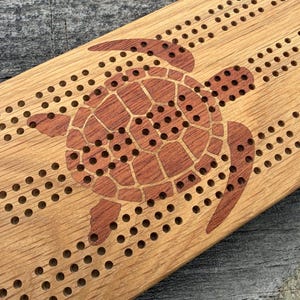 Mahogany Sea Turtle Inlay 3 Track Cribbage Board: Solid Oak With Pegs ...