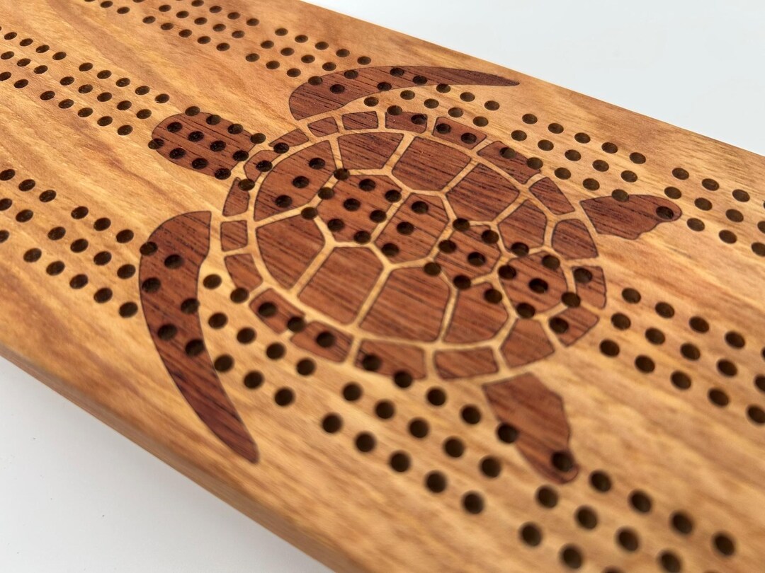 Mahogany Sea Turtle Inlay 3 Track Cribbage Board: Solid Oak With Pegs ...