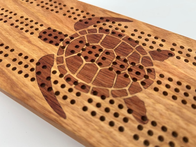 Mahogany Sea Turtle Inlay 3 Track Cribbage Board: Solid Oak With Pegs ...