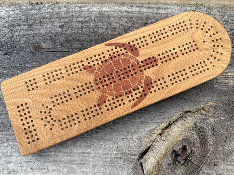 Mahogany Sea Turtle Inlay 3 Track Cribbage Board: Solid Oak With Pegs ...