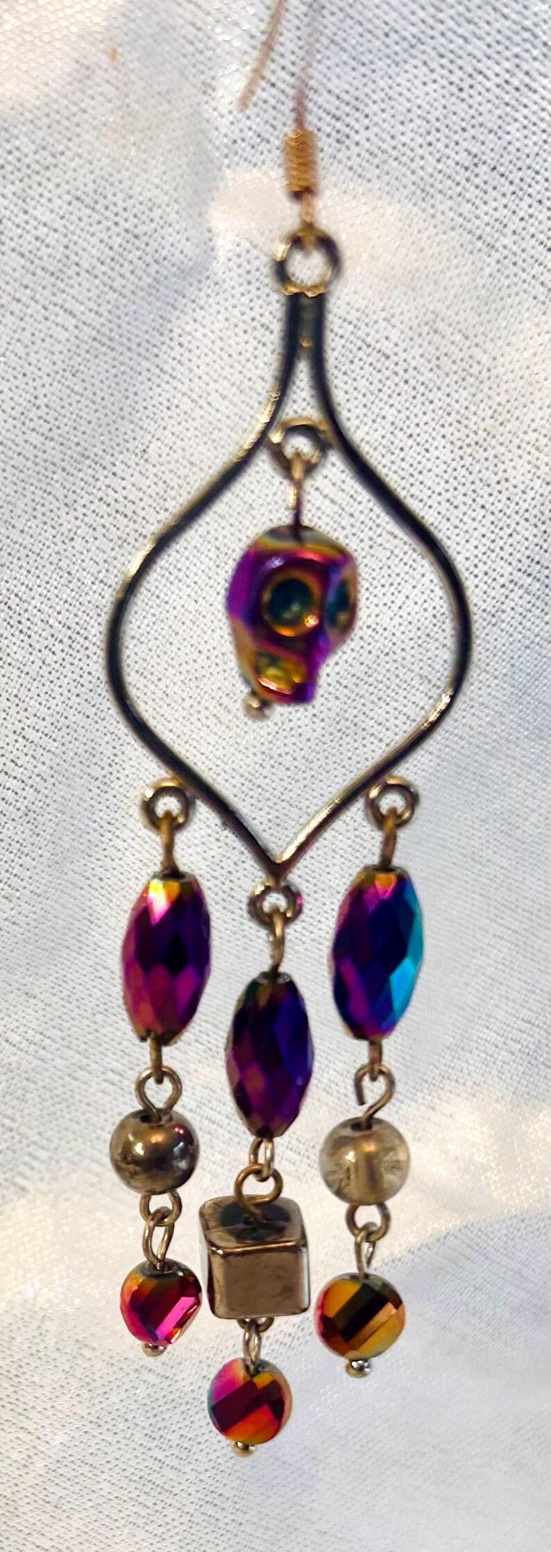 Oil Slick Dangling Skull and Beads Earrings - Etsy