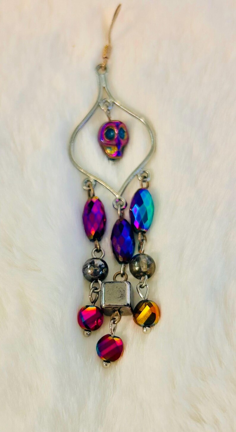 Oil Slick Dangling Skull and Beads Earrings - Etsy