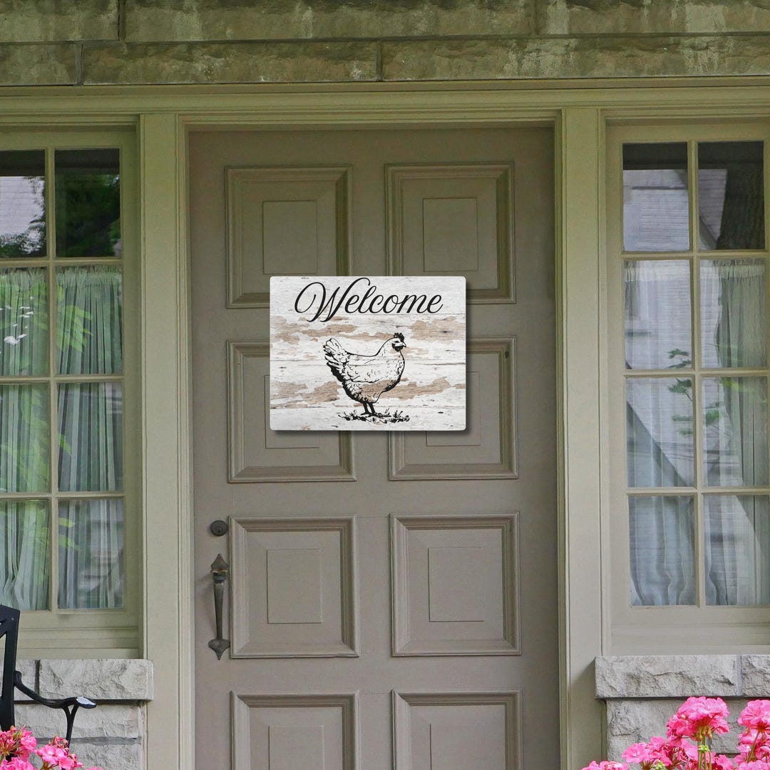Charming Chicken Welcome Metal Front Door Sign, Farmhouse Decor, Rustic ...