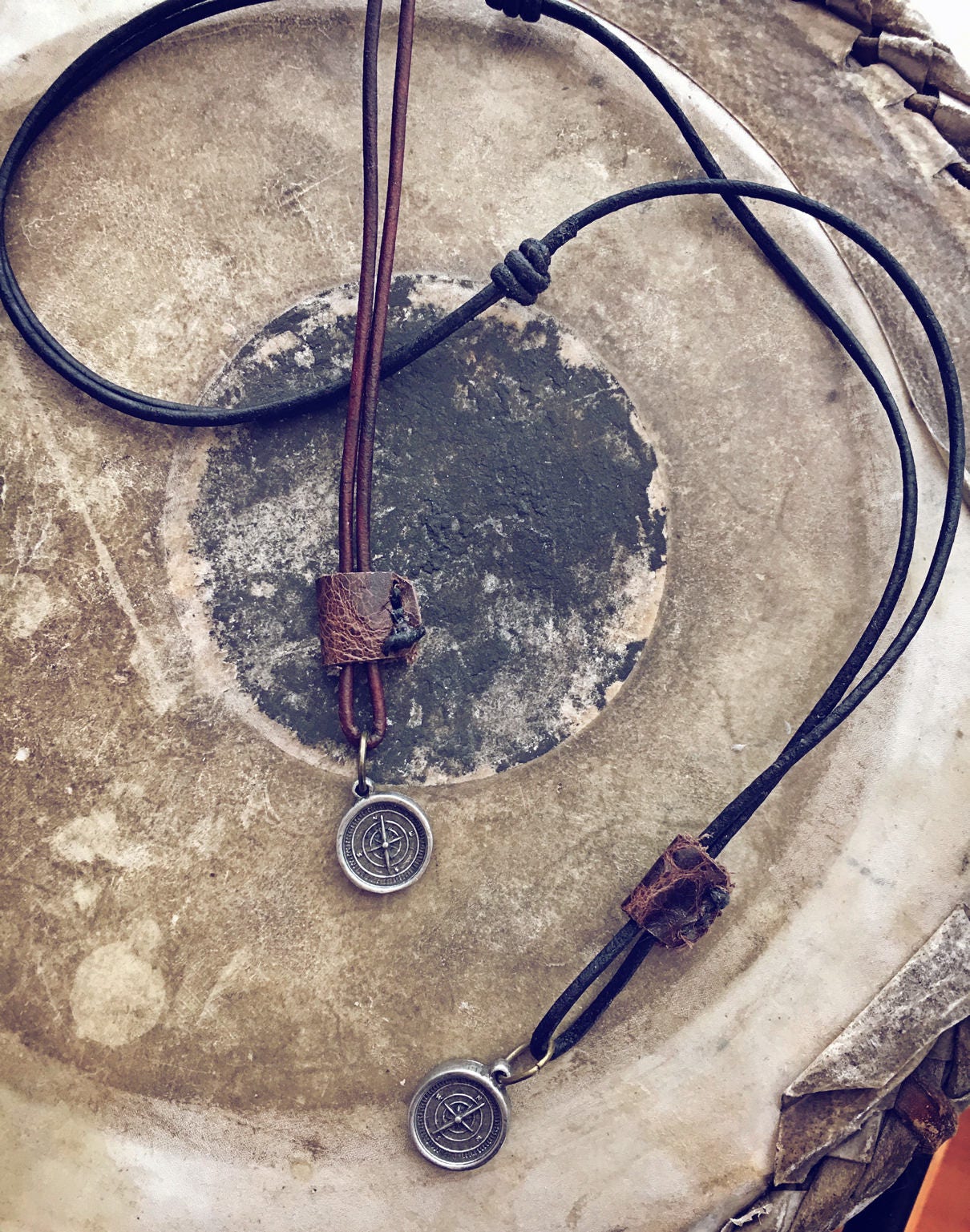 Men's rugged distressed leather necklace with compass // | Etsy
