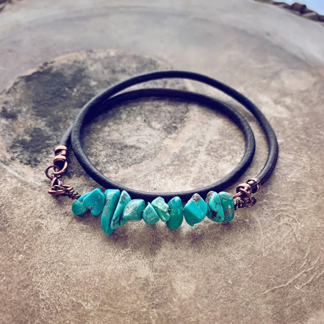 Turquoise Chip Leather Wrap Bracelet // Choker // Unisex Bohemian Style ...