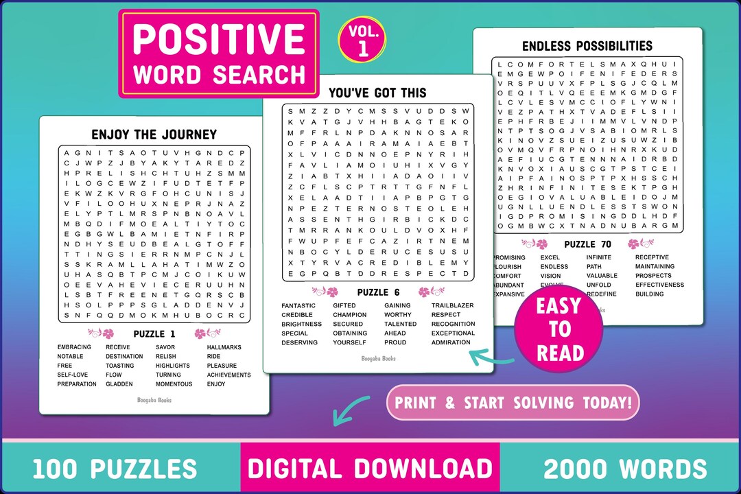 Positive Word Search Puzzles | 100 Printable Puzzles for Adults, Teens ...