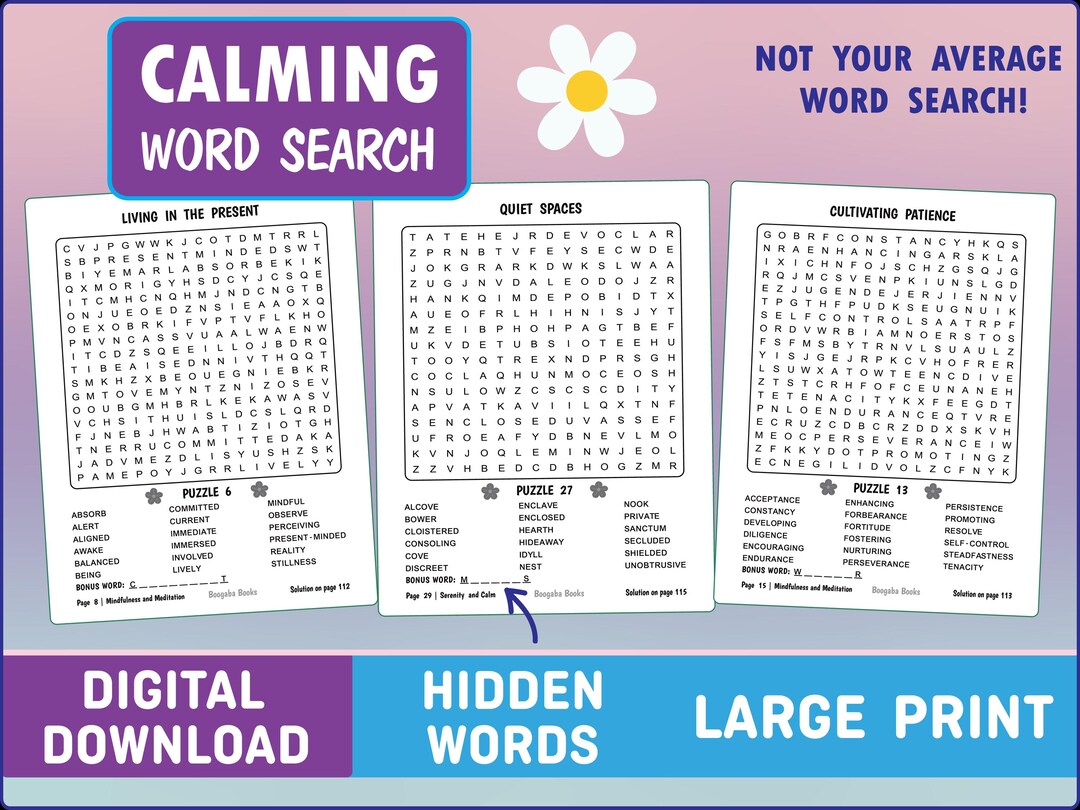 Calming Word Search | 106 Printable Puzzles for Adults & Teens | Large ...