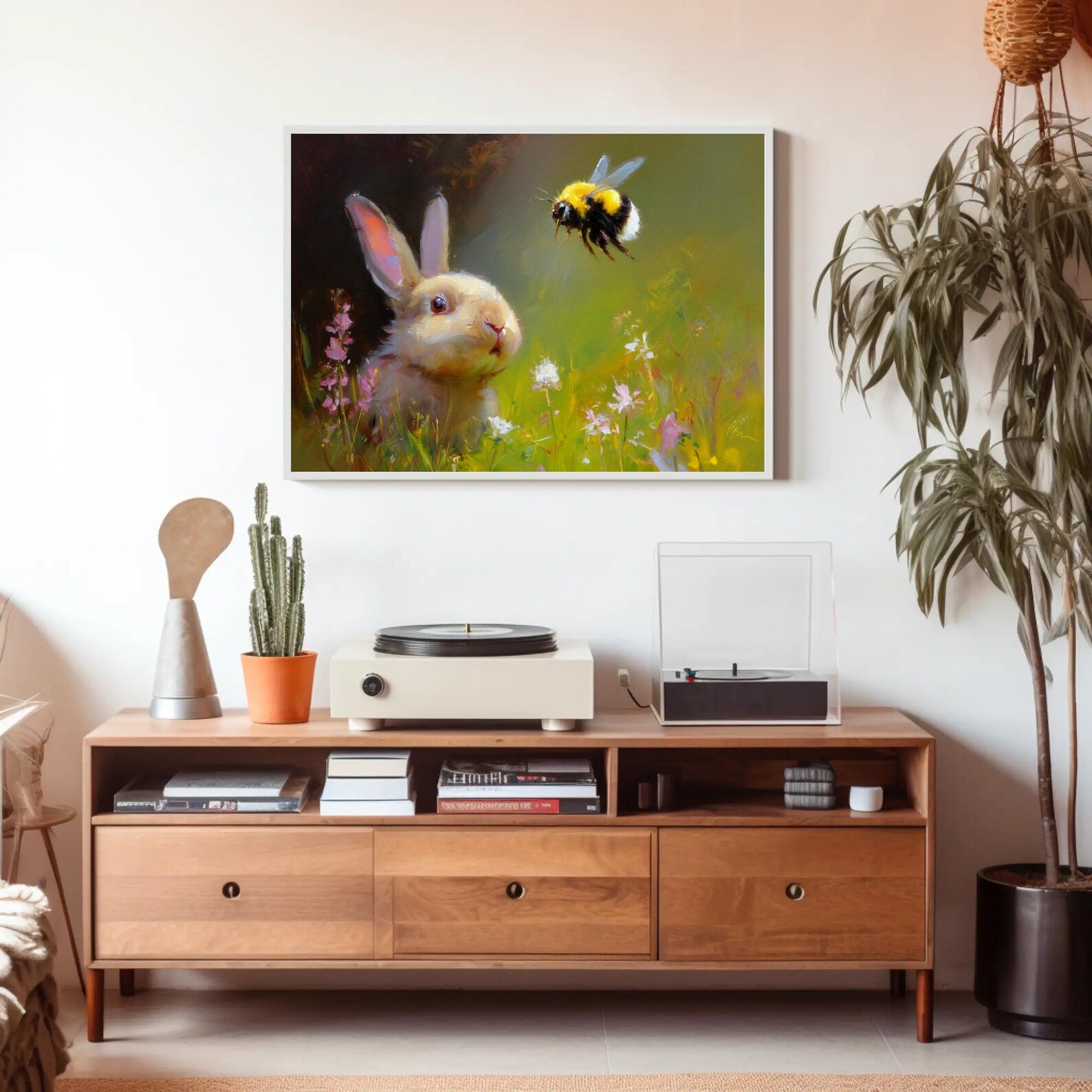 Bunny and Bumble Bee Oil Painting Art Print: Wall Decor | Easter ...