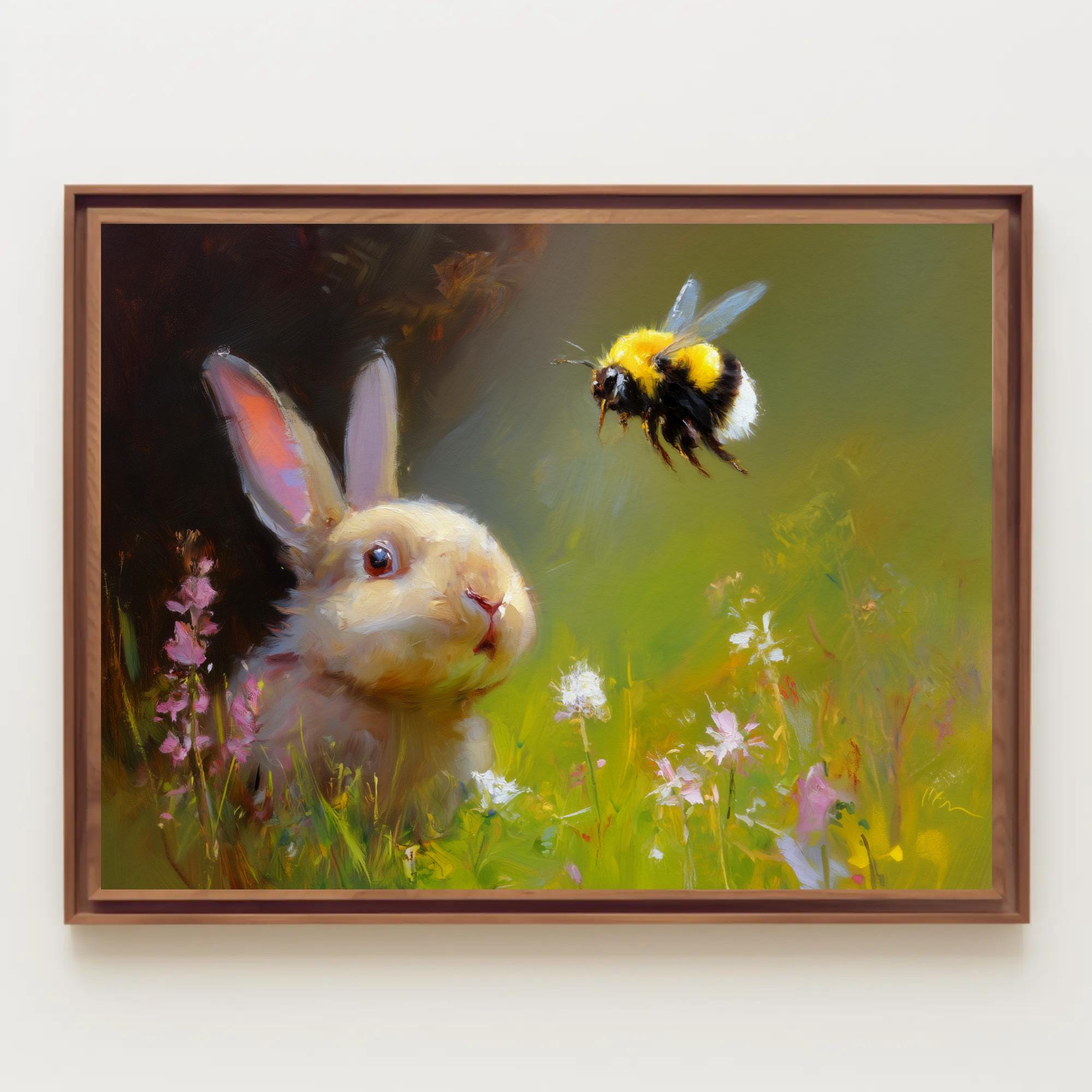 Bunny and Bumble Bee Oil Painting Art Print: Wall Decor | Easter ...