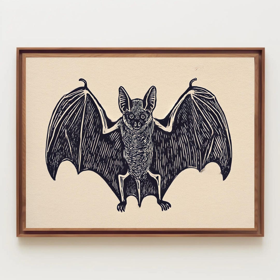 Bat Linocut Print: Retro Halloween Wall Art - Etsy