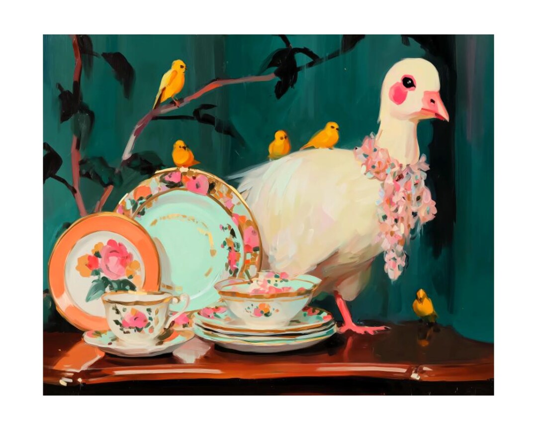 Cottagecore Bird Art Print: Surreal Tea Party Decor - Etsy