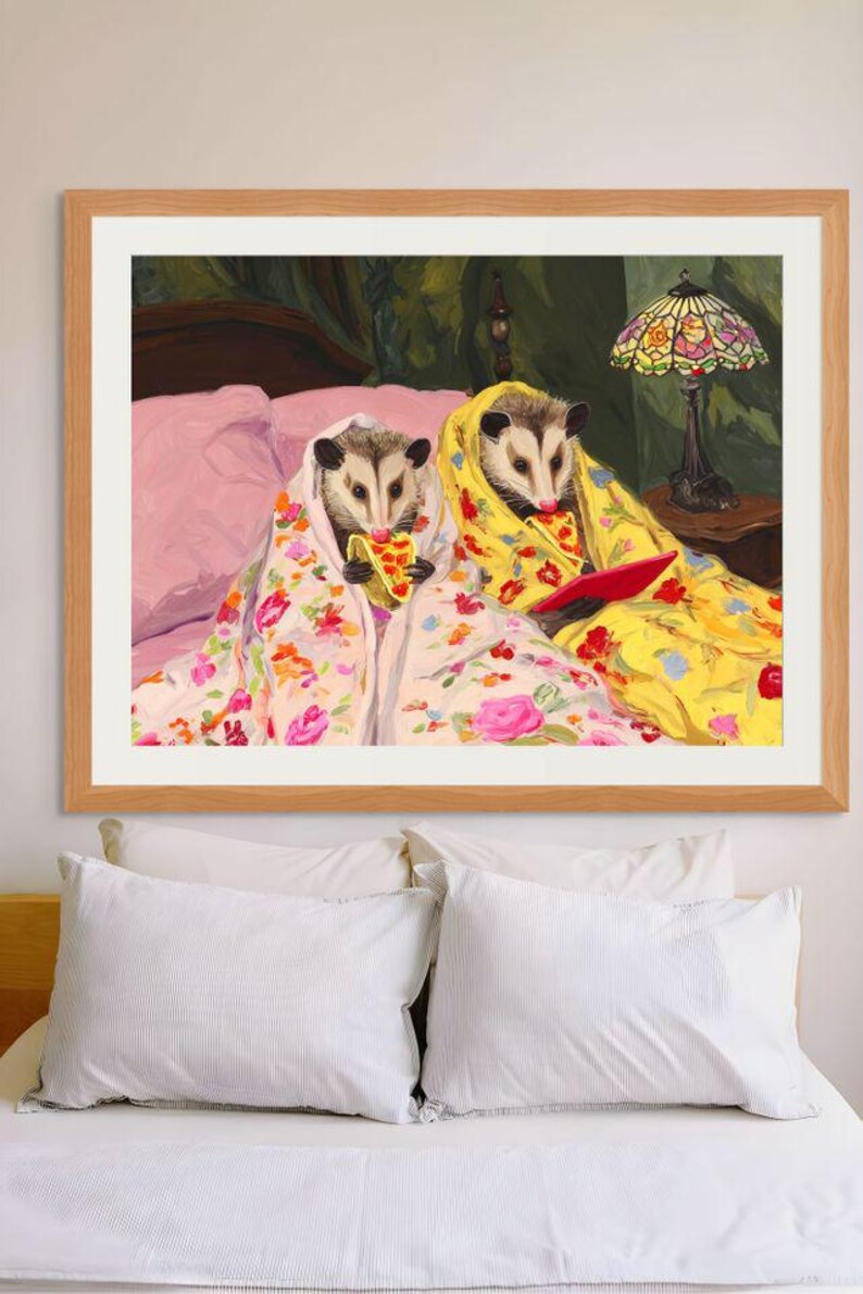 Pizza Night Art Print – Surreal | Possum Eating Pizza in Bed – Quirky ...