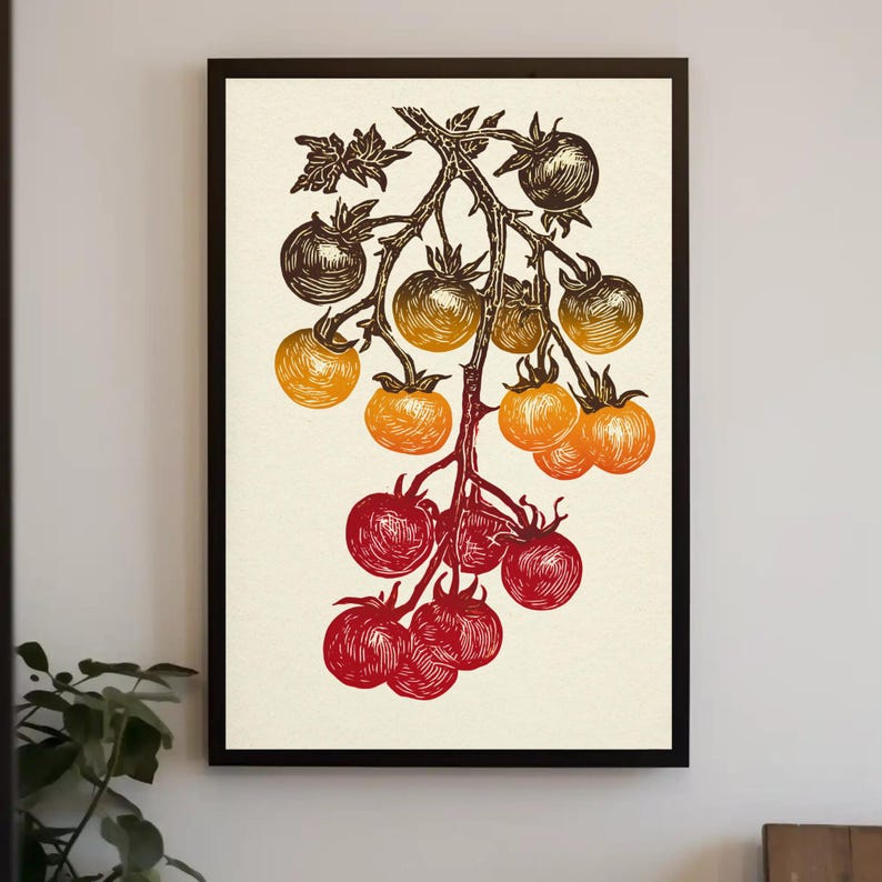 Tomato Vine Linocut Art Print: Retro Garden Wall Decor - Etsy