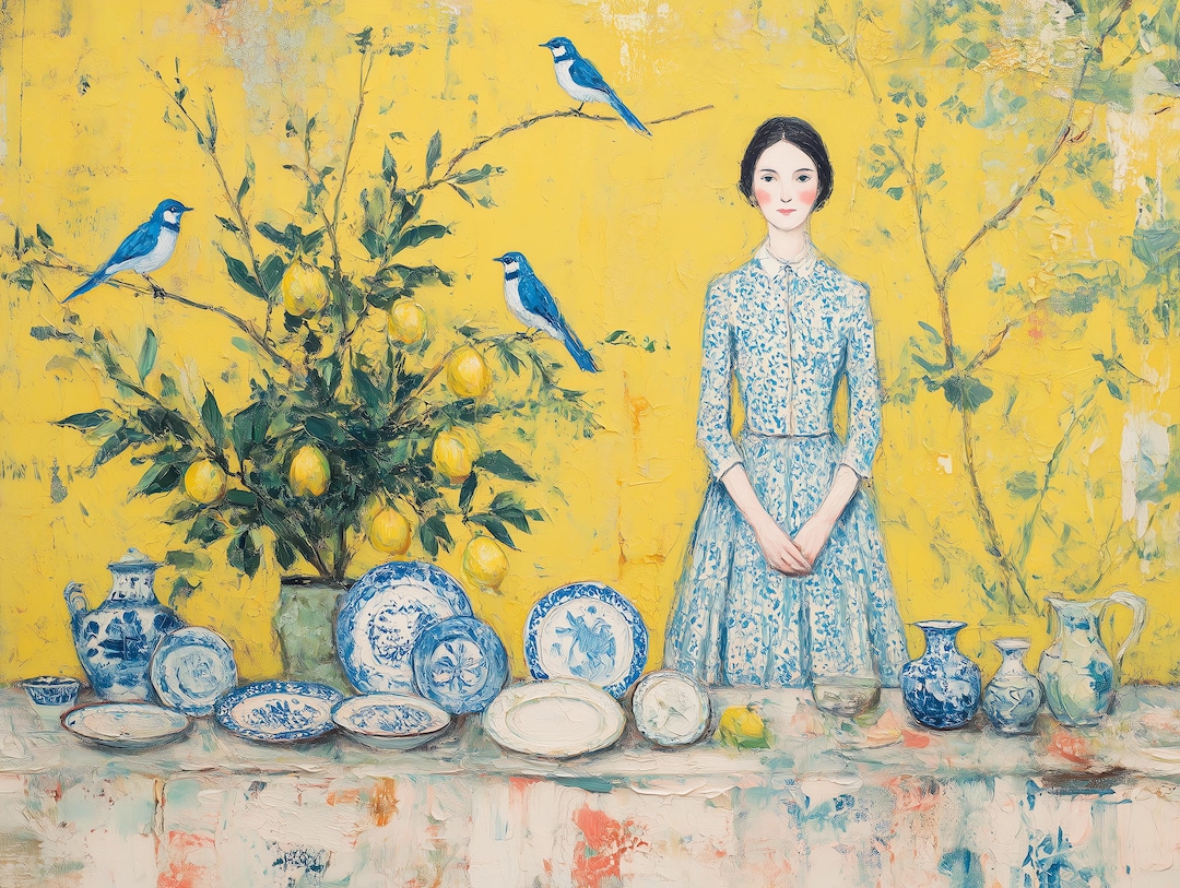 Citrus Chic Lemon Tree & Porcelain Art Print | Elegant Lady in Blue ...