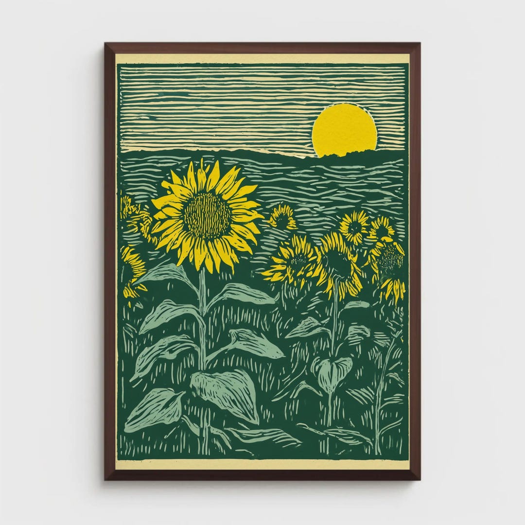 Sunflower Linocut Art Print: Retro Garden Wall Decor - Etsy