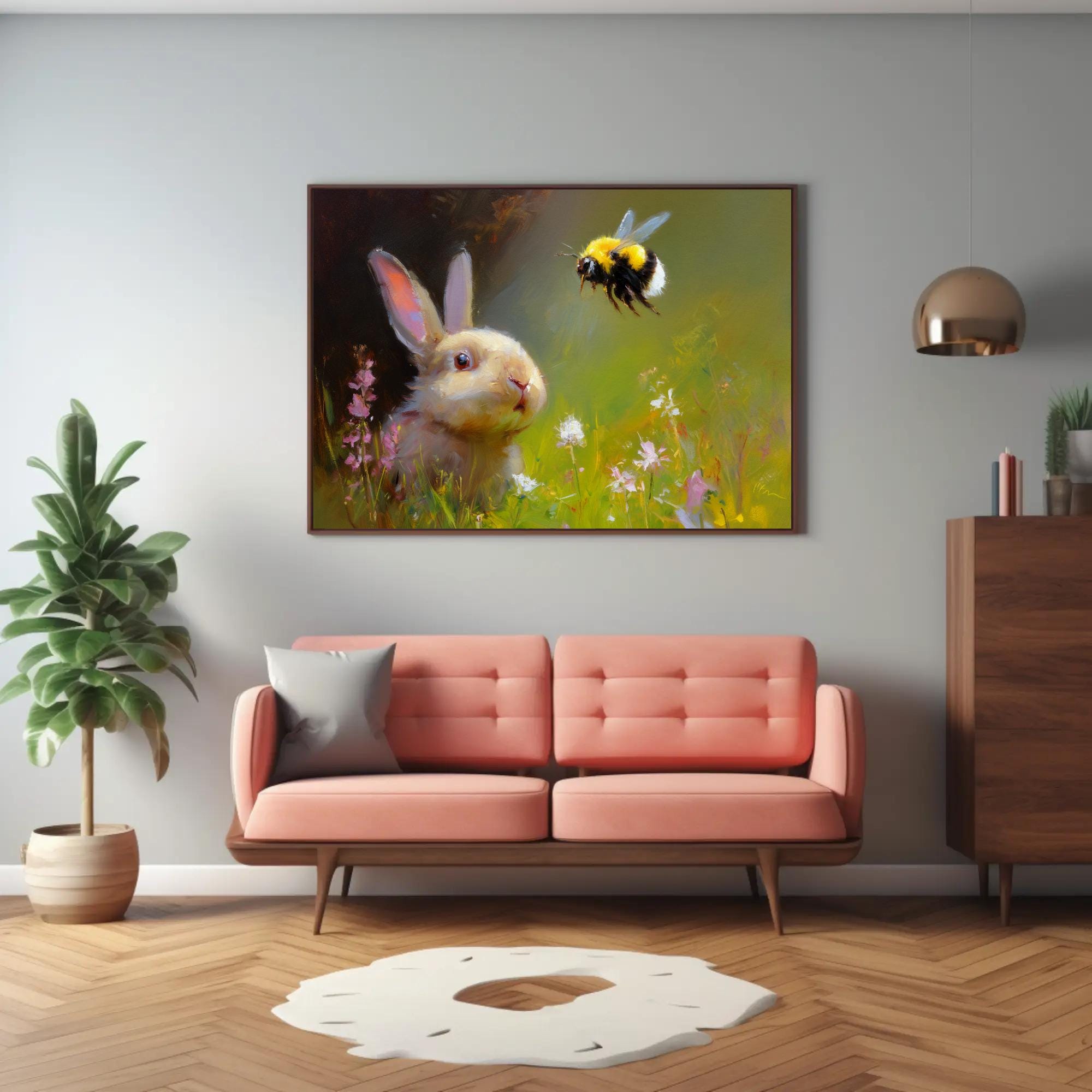 Bunny and Bumble Bee Oil Painting Art Print: Wall Decor | Easter ...