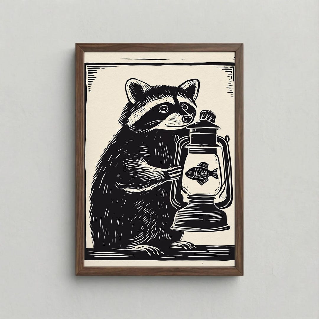 Raccoon Lantern Linocut Inspired Art Print: Surreal Quirky Animal Wall ...