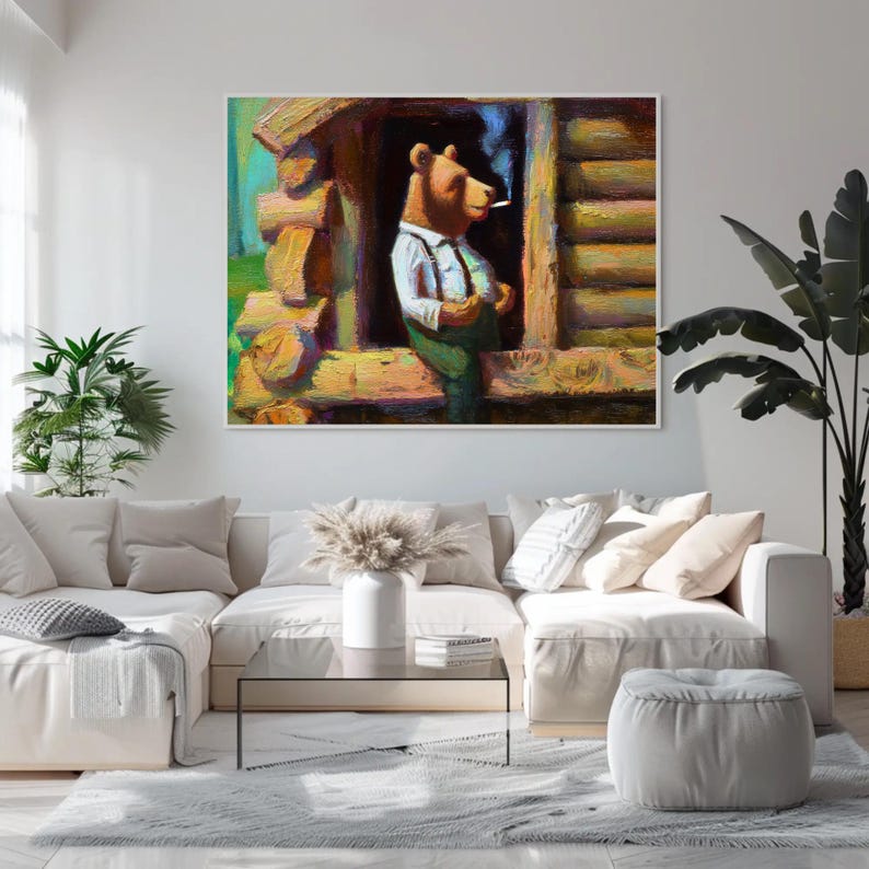 Smoking Bear Art Print: Impasto Log Cabin, Colorado Landscape - Etsy