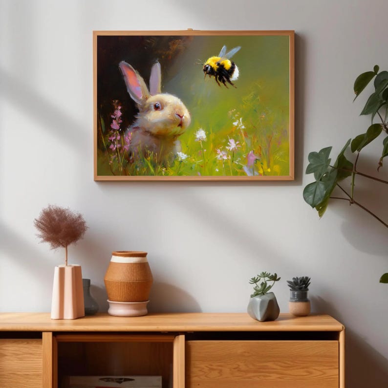 Bunny and Bumble Bee Oil Painting Art Print: Wall Decor | Easter ...
