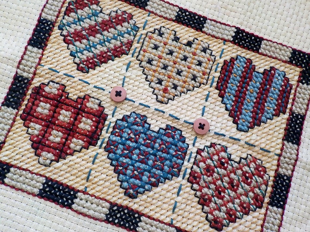 Heart Sampler Needlework, Vintage Heart Embroidery on Fabric, Nursery ...