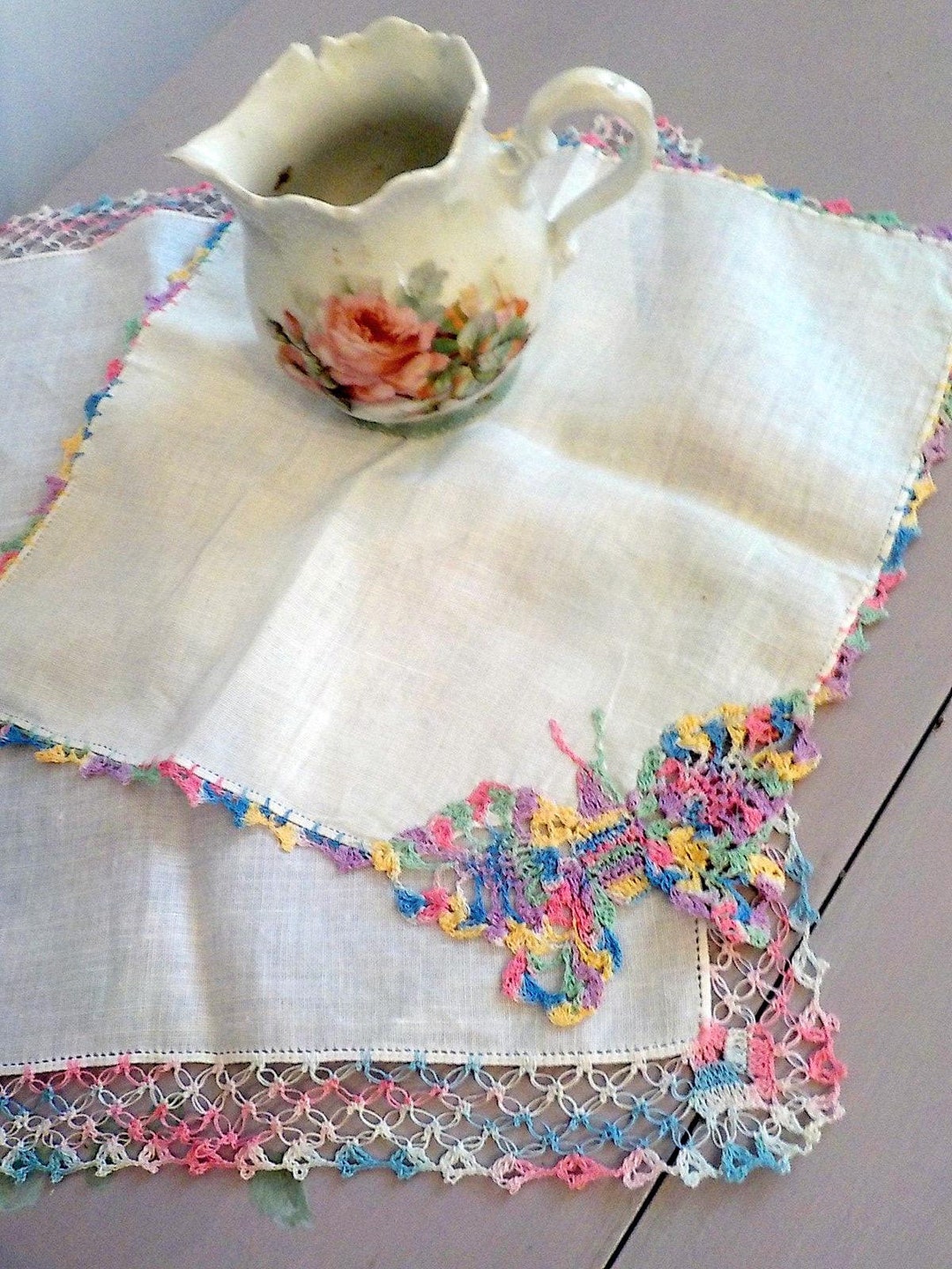 Two Fancy Handkerchiefs, Crochet Corner Butterfly Hanky, Crochet ...