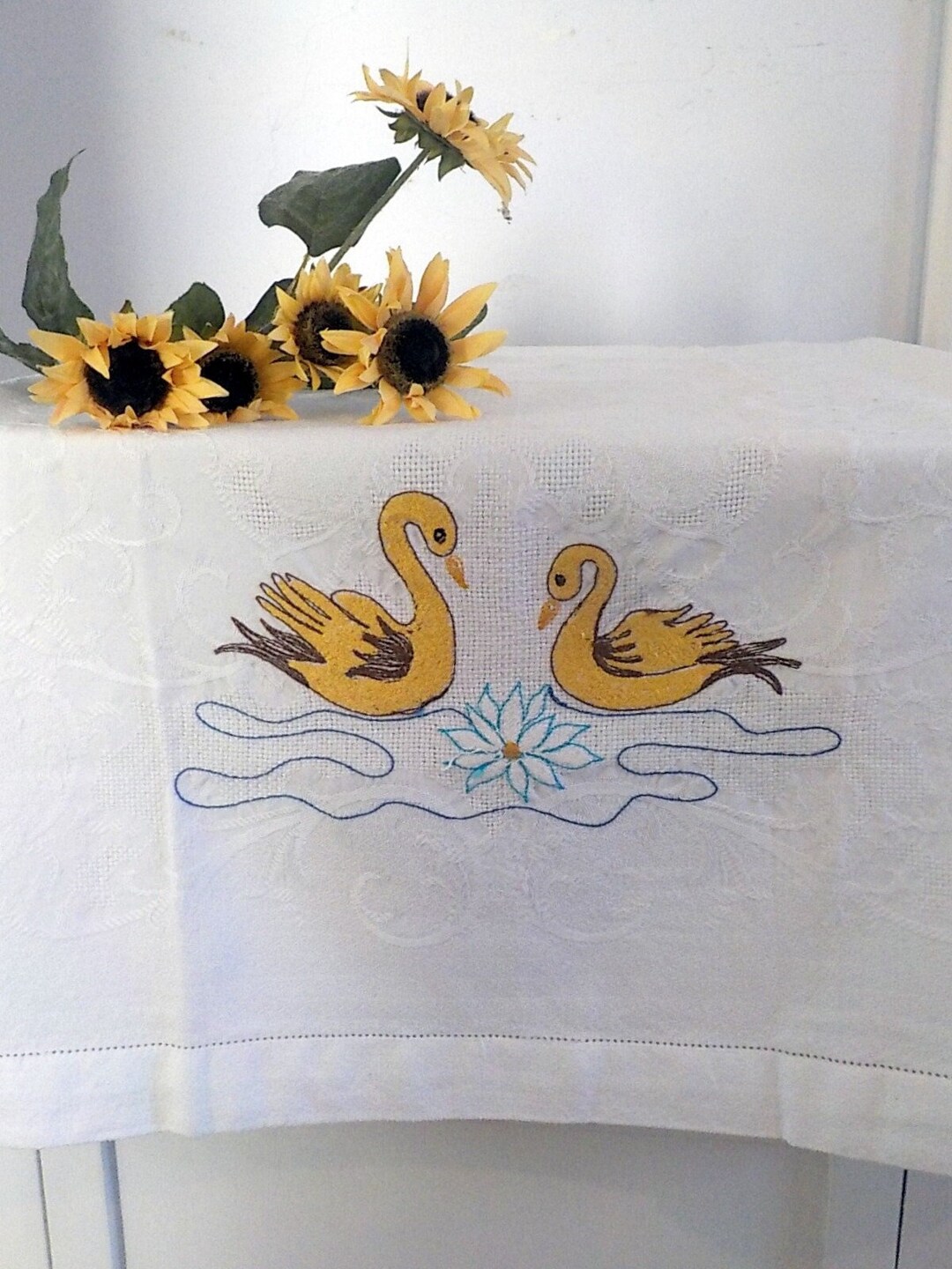 Vintage Damask Sideboard Runner, Yellow Embroidered Swans, 49 by 26, White Embroidered Runner - Etsy
