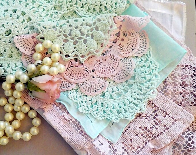 Vintage Teal Pink Collection, 10 Pieces, Hand Dyed Doilies, Trim ...