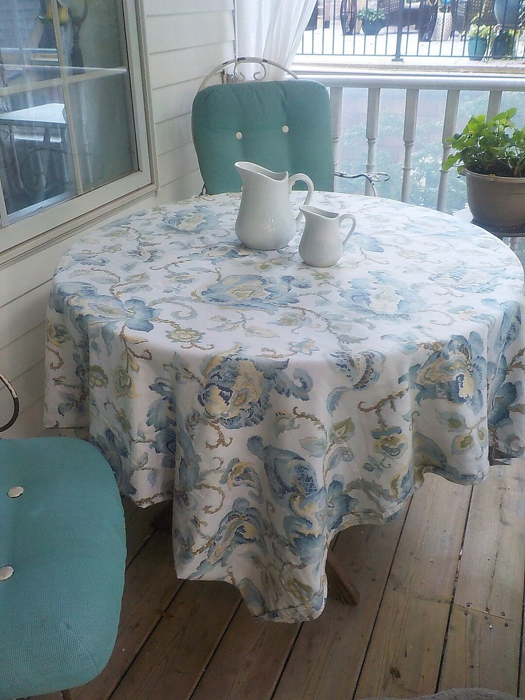 Vintage Large Picnic Tablecloth, Heavy Cotton 110 by 58, Cream and Blue ...