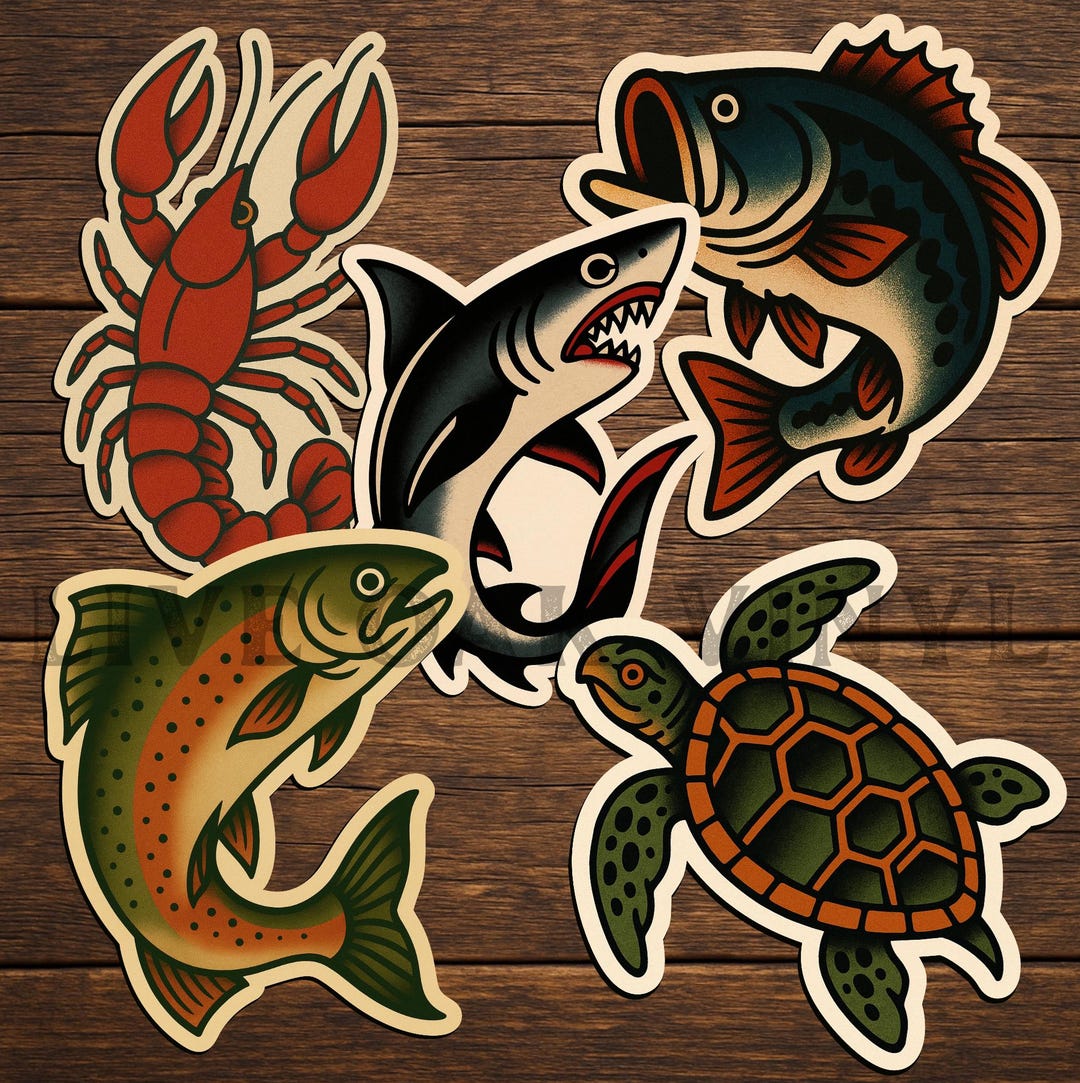 Aquatic Tattoo Sticker Bundle 2: American Traditional Tattoo Style ...