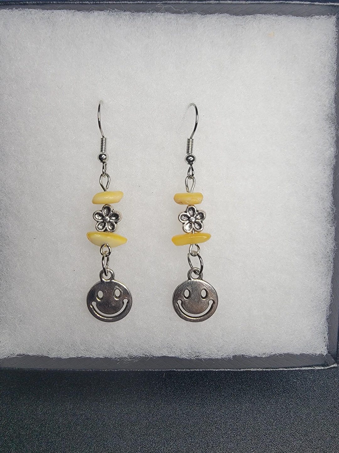 Smiley Face Yellow Dangle Earrings, Handmade Natural Stone, Playful ...