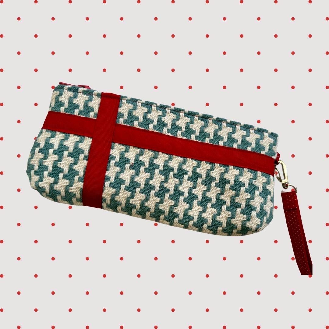 Upcycle Blue and White Herringbone Wristlet: Medium - Etsy