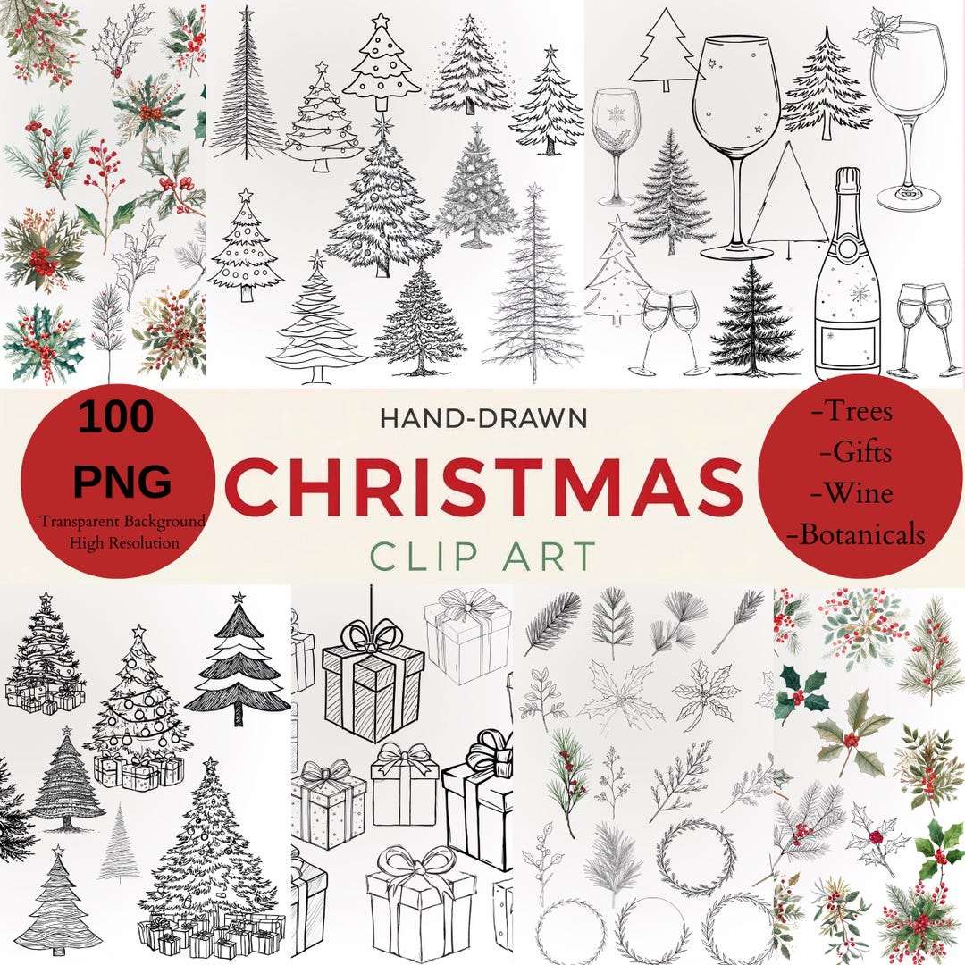 Hand-drawn Christmas Clip Art Bundle – 100 PNG Elements - Etsy