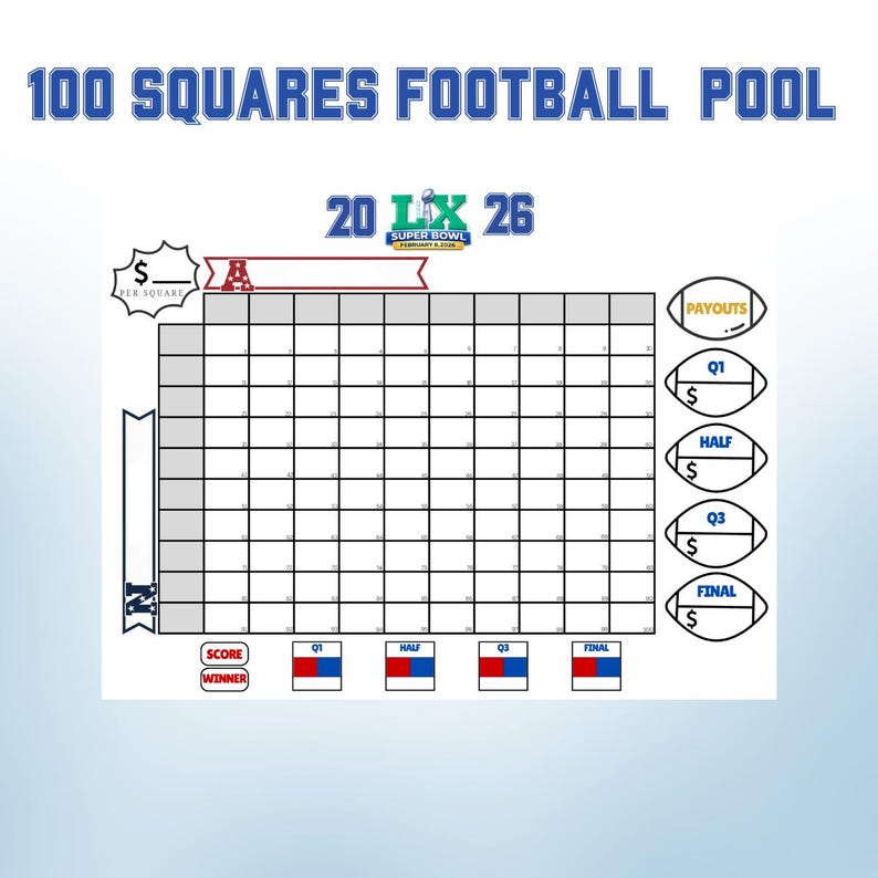 Super Bowl Squares 2026 Football Pool Board Instant Download Party ...