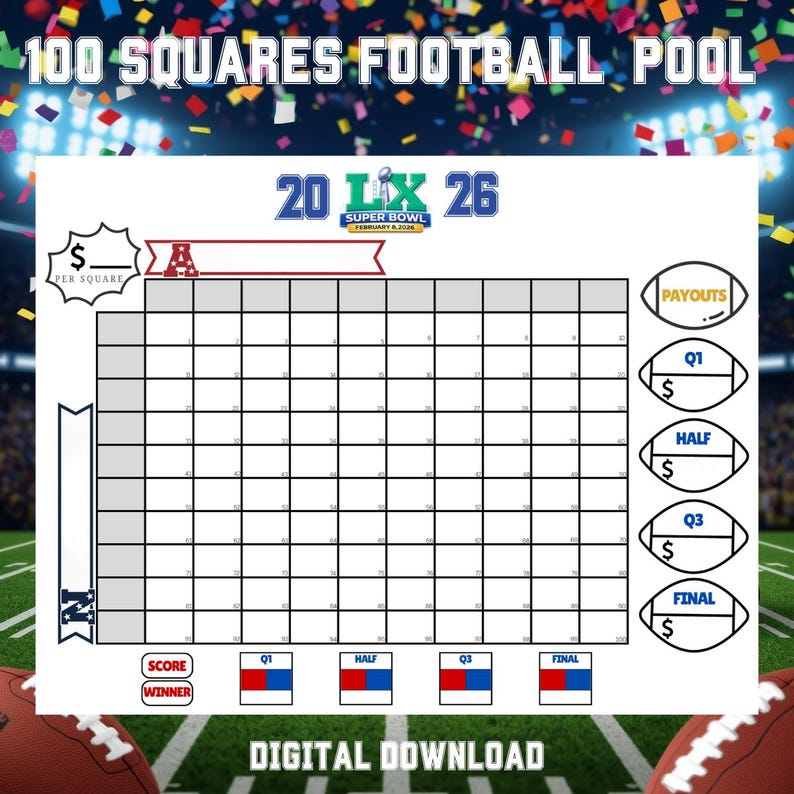 Super Bowl Squares 2026 Football Pool Board Instant Download Party ...