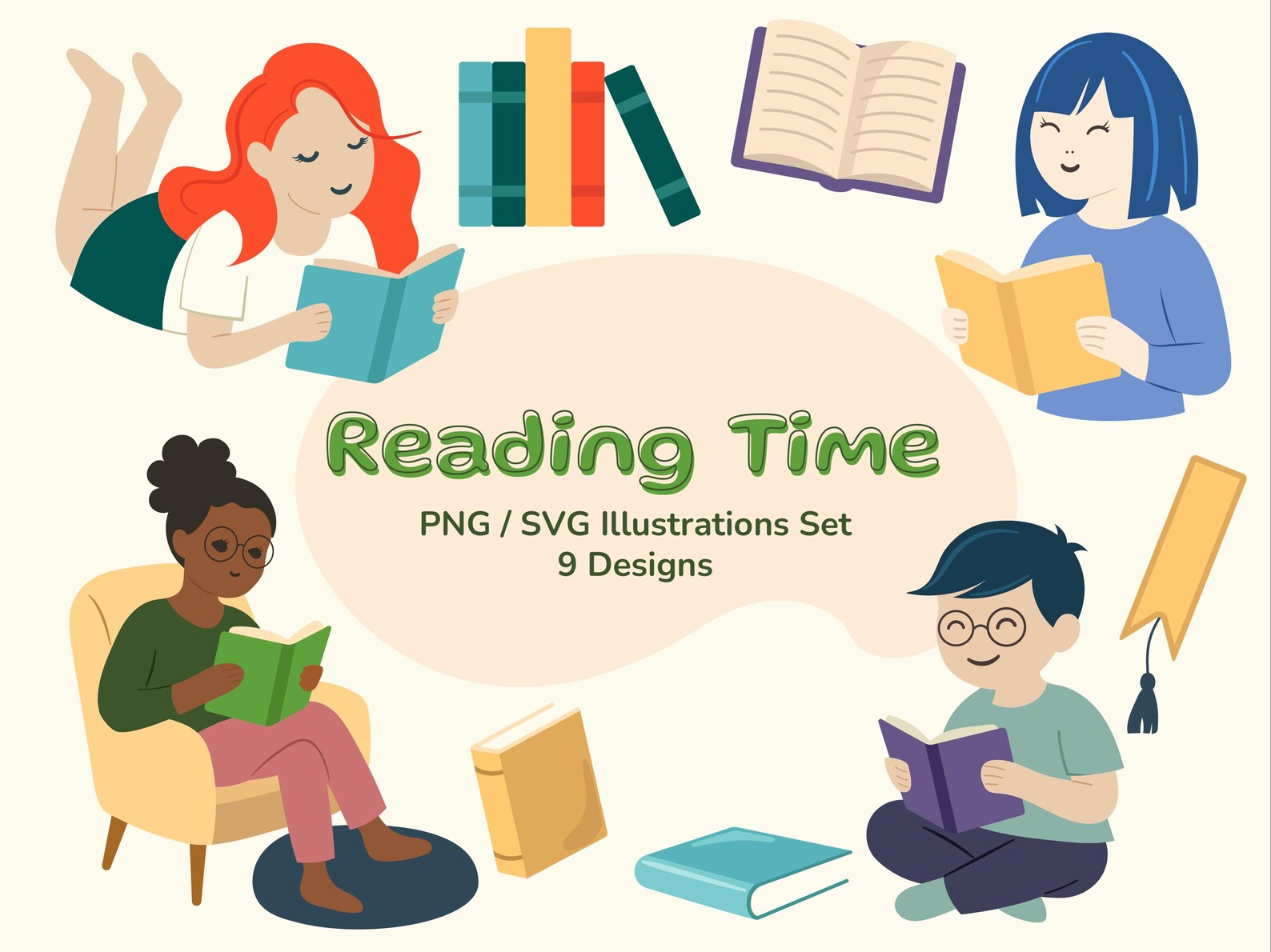 Reading Time Clipart Set | 9 PNG and SVG | Bookish Illustrations & People Reading - Etsy