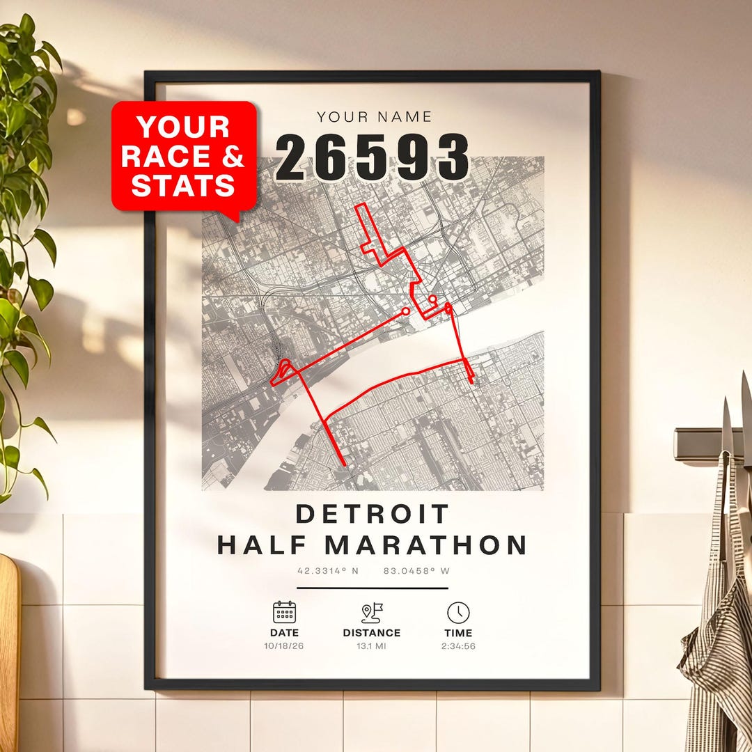 Personalized Detroit Half Marathon Map Print – Runner Achievement Wall ...