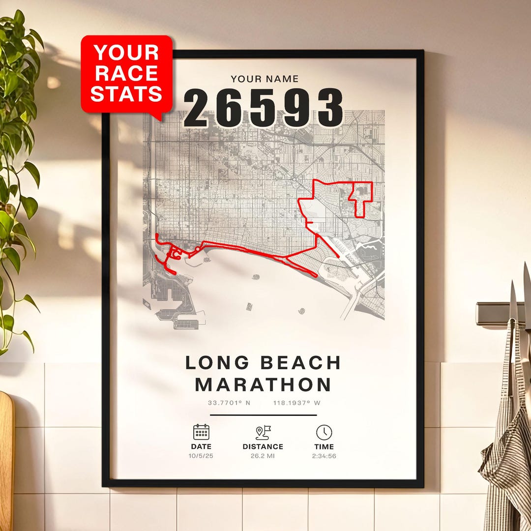 Personalized Long Beach Marathon Map Print – Runner Achievement Wall ...