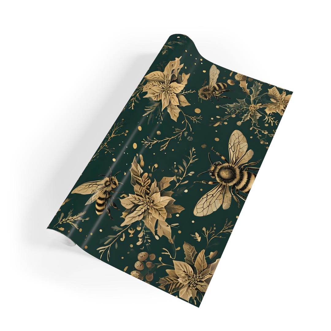 Wrapping Paper - Elegant Bee & Flower Gold Elements on a Green ...