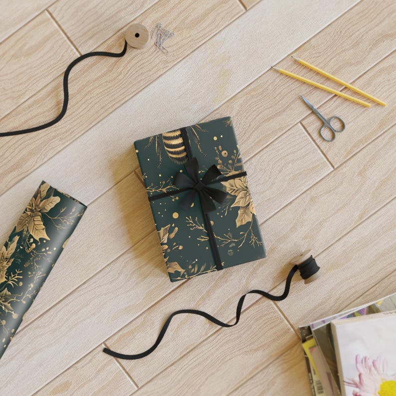 Wrapping Paper - Elegant Bee & Flower Gold Elements on a Green ...
