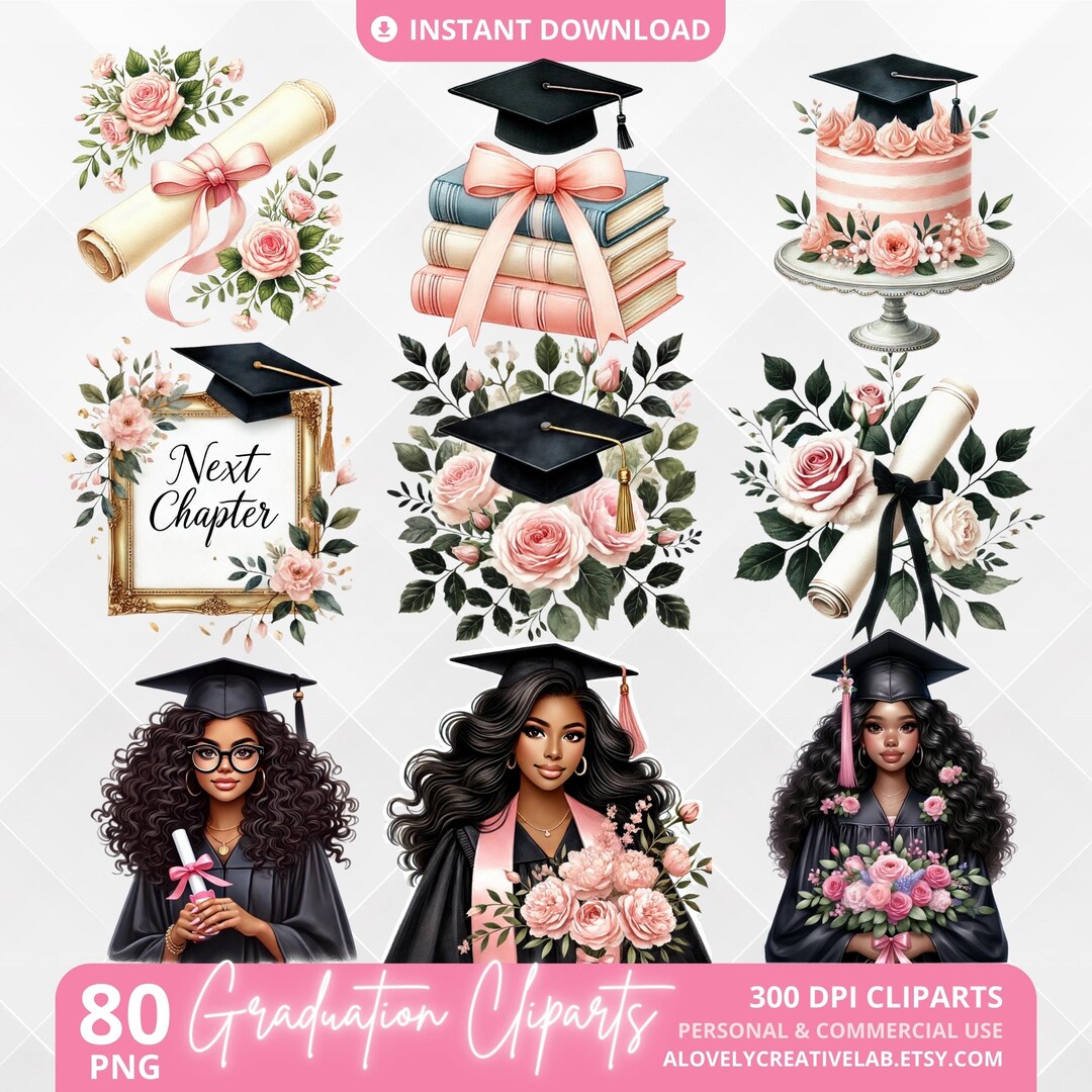 Pink Graduation Clipart Bundle, Class of 2025, Black Girl Graduate PNG ...