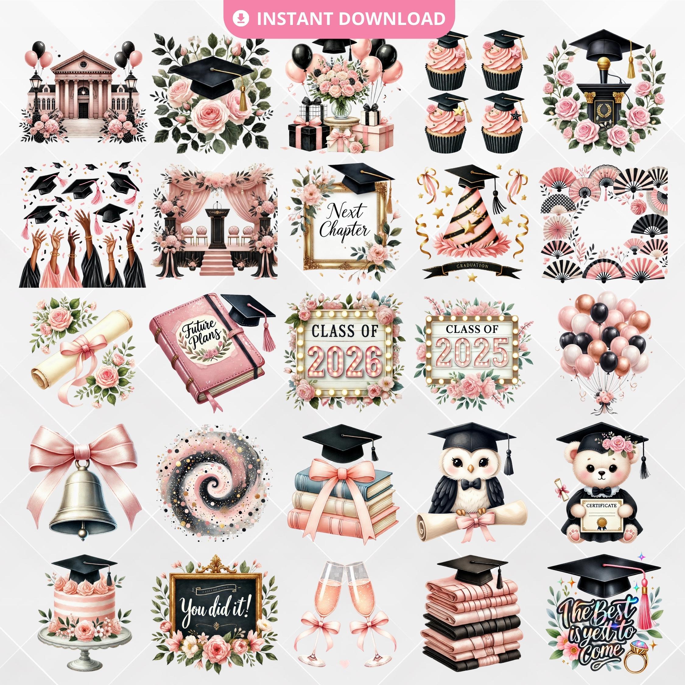 Pink Graduation Clipart Bundle, Class of 2025, Black Girl Graduate PNG ...