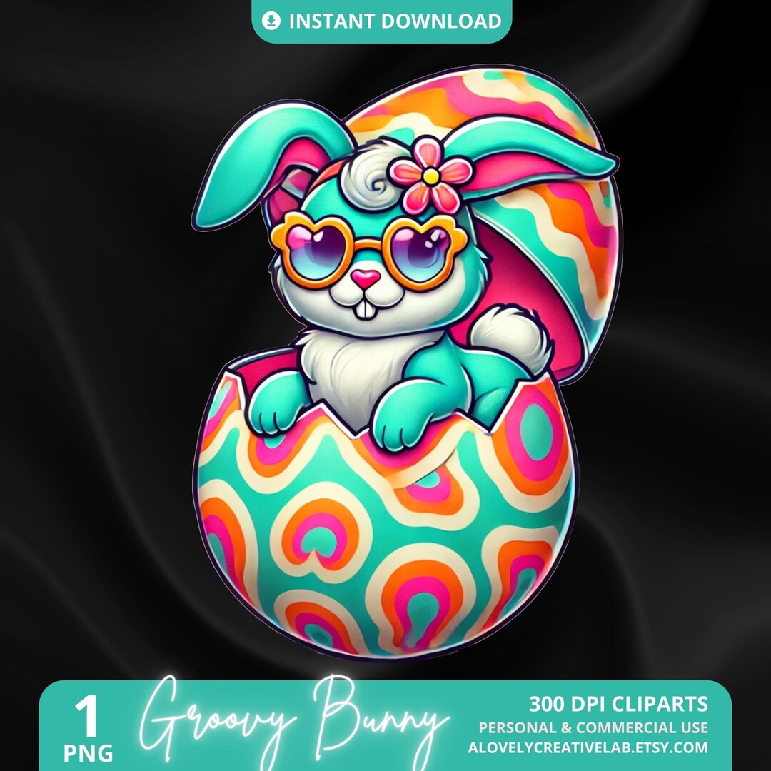 Groovy Easter Bunny PNG, Retro Hippie Bunny Clipart Bundle, 70s ...