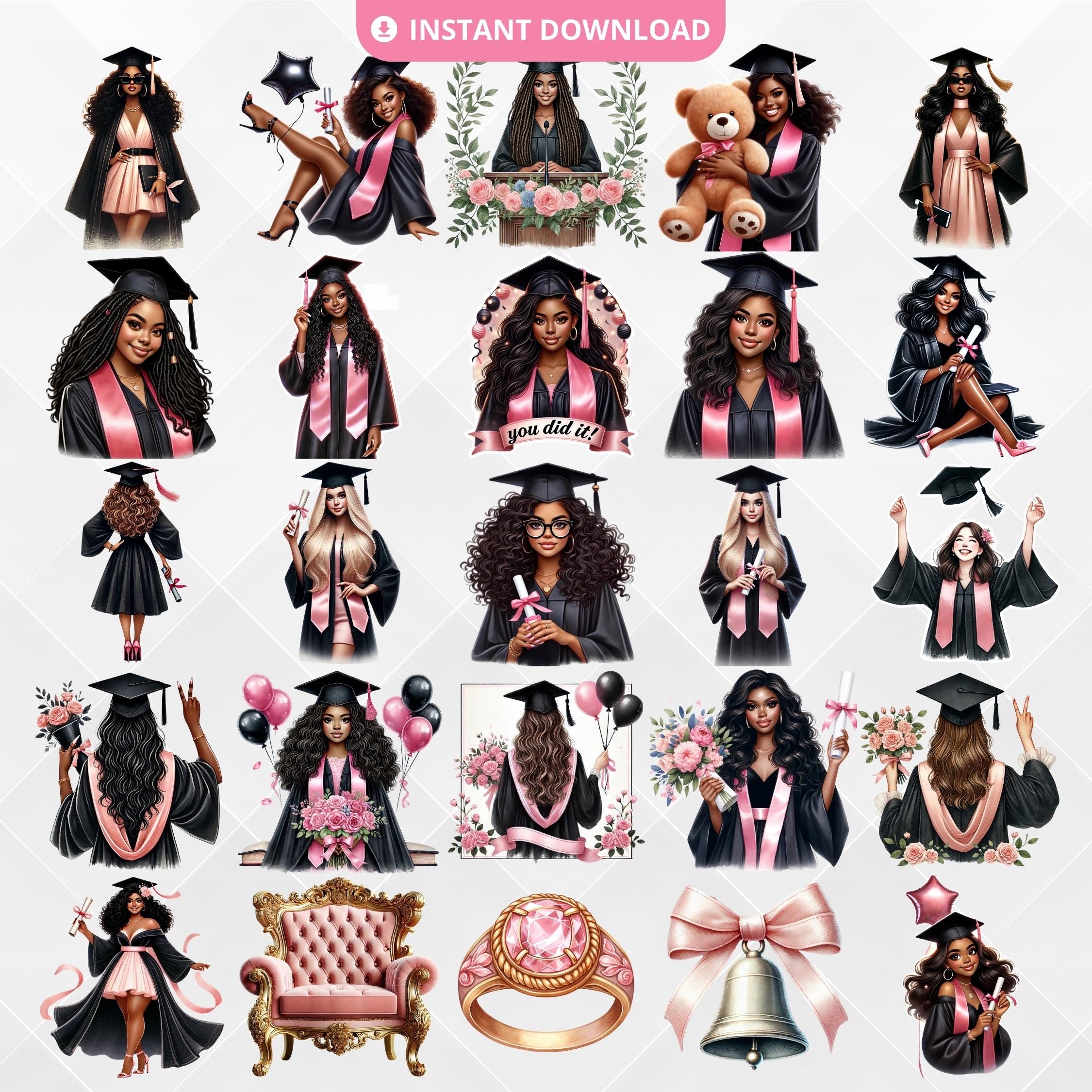 Pink Graduation Clipart Bundle, Class of 2025, Black Girl Graduate PNG ...