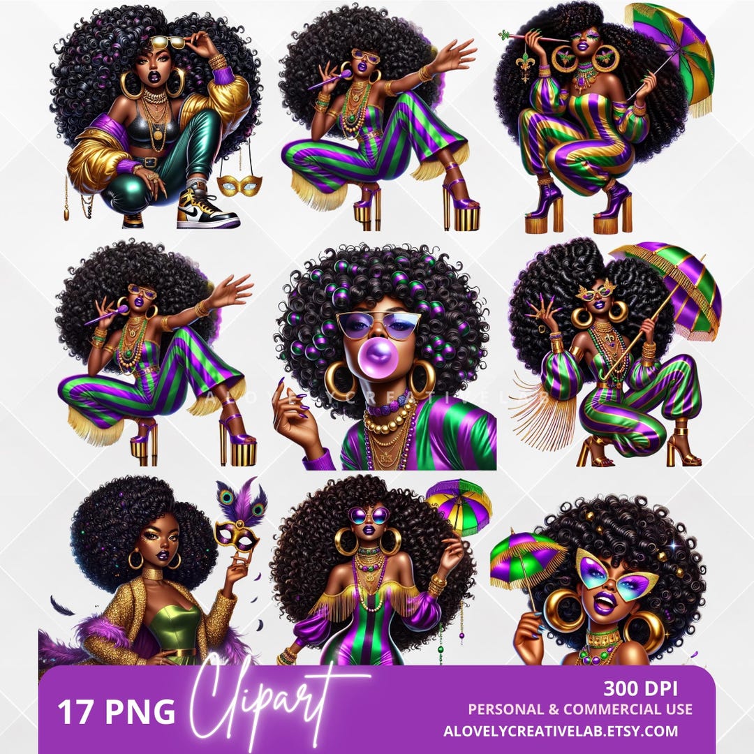 Black Mardi Gras Diva PNG, Masquerade Glam Clipart Bundle, Melanated ...